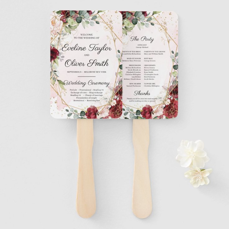 Blush burgundy floral gold geometric program hand fan | Zazzle