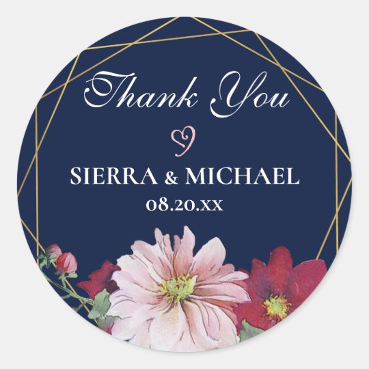 Blush Burgundy Gold Navy Blue Wedding Thank You Classic Round Sticker