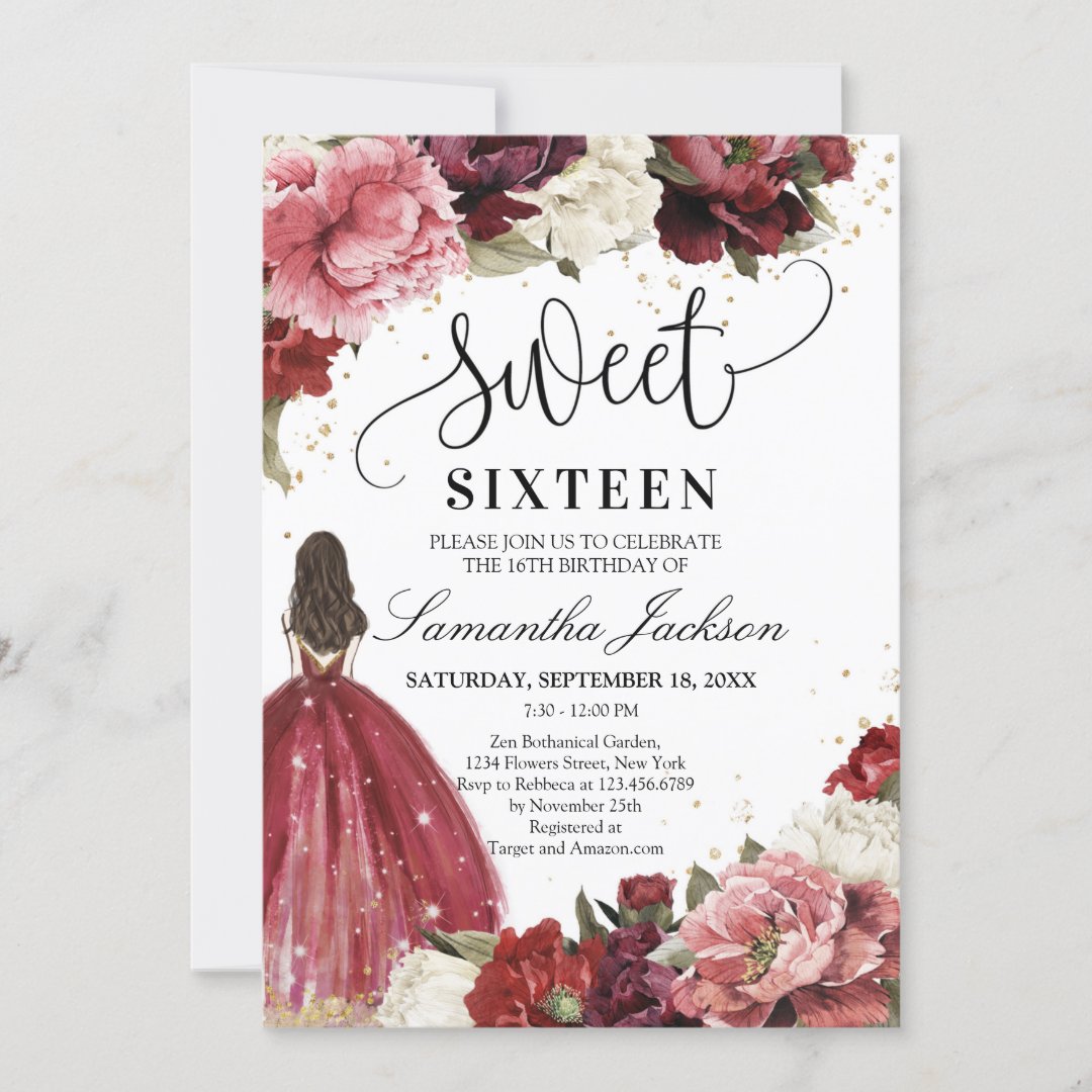 Blush burgundy maroon flowers princess dress invitation | Zazzle