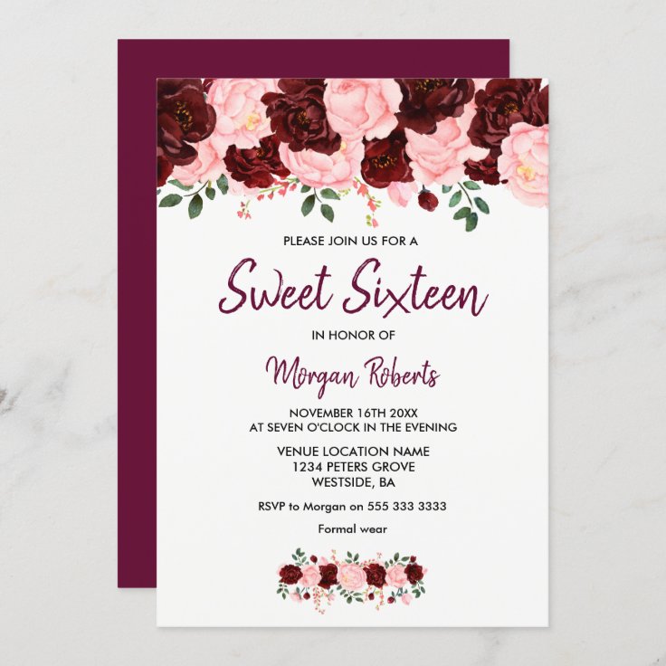 Blush Burgundy Rose Sweet 16 Script Invite | Zazzle