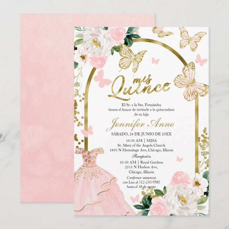 Blush Butterfly Spanish Quinceanera Invitations | Zazzle
