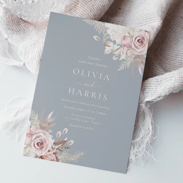 Blush, Dusty Blue & Ivory Elegant Floral Wedding Invitation | Zazzle