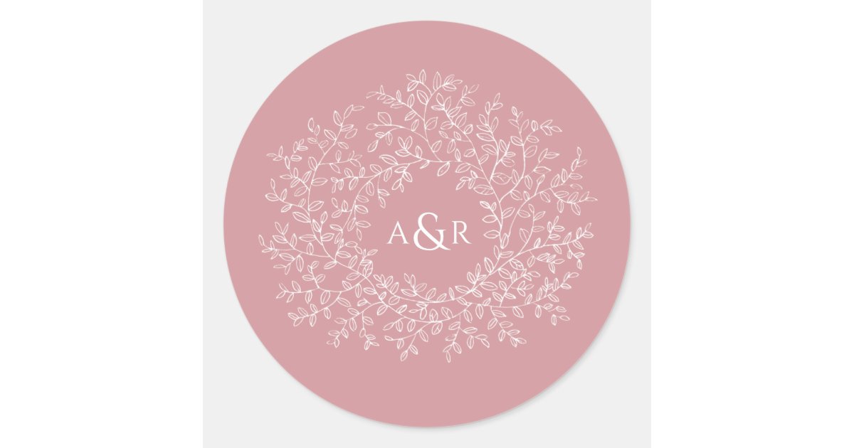 Blush dusty pink circle of leaves monogram wedding classic round ...