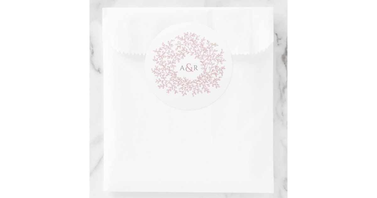Blush dusty pink circle of leaves monogram wedding classic round ...