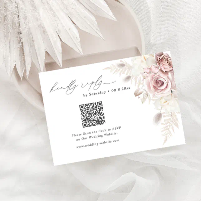 Blush Dusty Rose Floral Wedding QR Code RSVP Enclosure Card | Zazzle