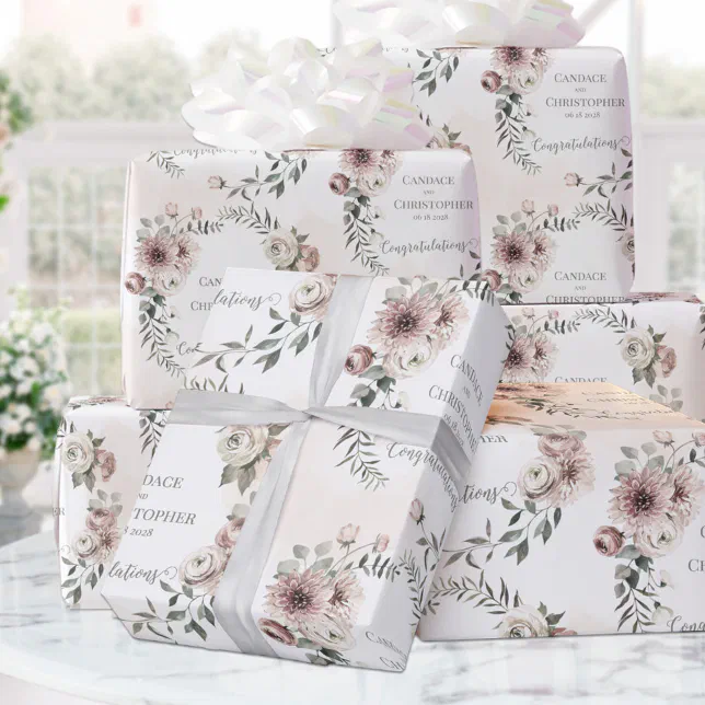 Blush Eucalyptus Wedding Add Name & Congratulation Wrapping Paper | Zazzle