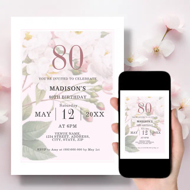 Blush Floral | 80th Birthday Invitation | Zazzle