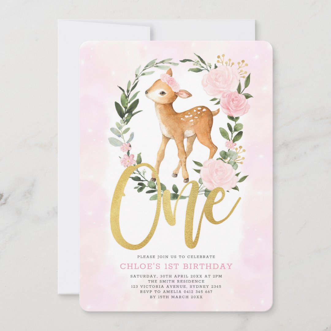 Blush Floral Baby Deer Fawn Girl 1st Birthday Invitation | Zazzle