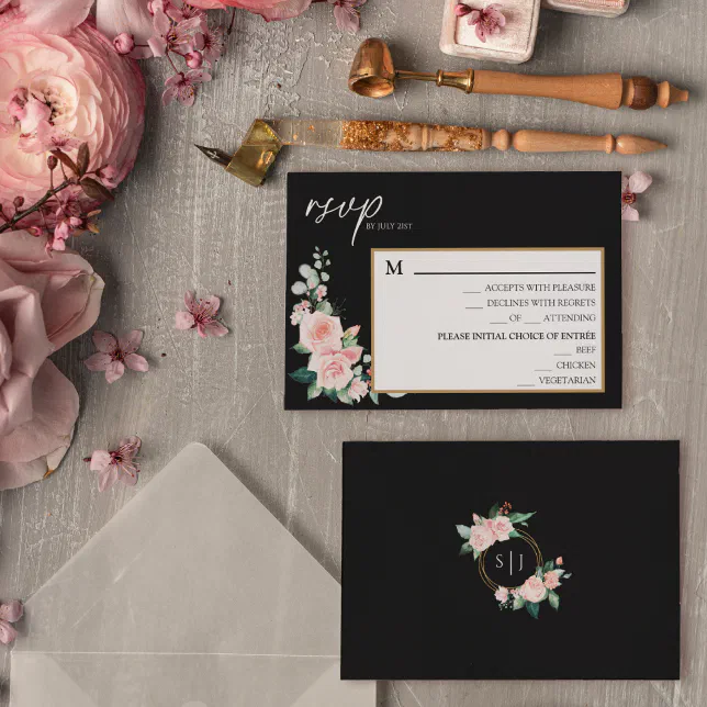 Blush Floral Black Wedding Menu RSVP Card | Zazzle