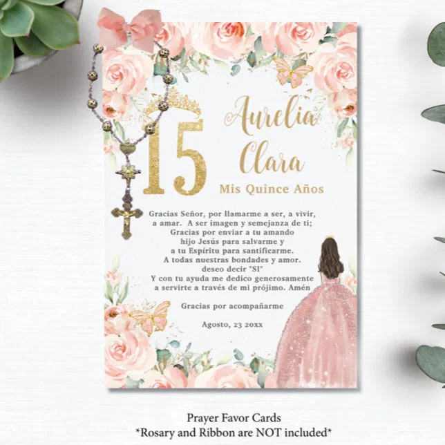 Blush Floral Butterflies Quinceañera Prayer Card | Zazzle