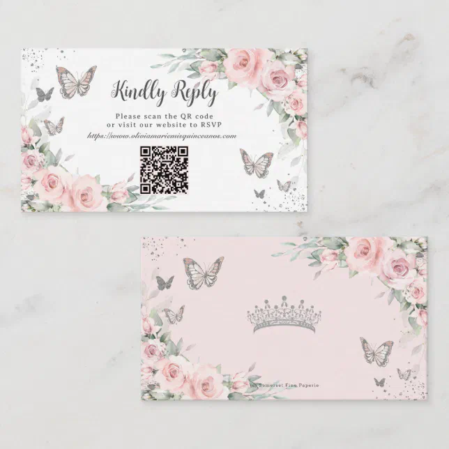 Blush Floral Butterflies Quinceañera QR Code RSVP Enclosure Card | Zazzle