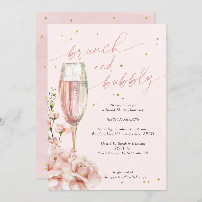 Blush floral chic brunch and bubbly champagne invitation | Zazzle