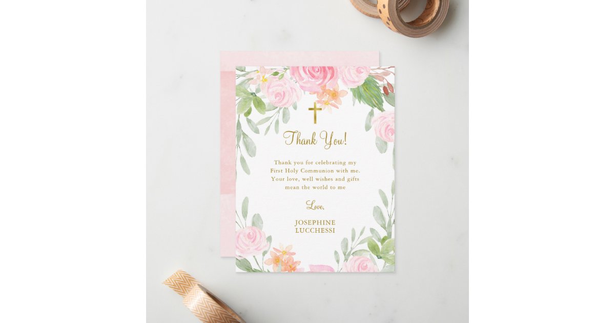 Blush Floral Communion or Baptism Thank You Note Card | Zazzle