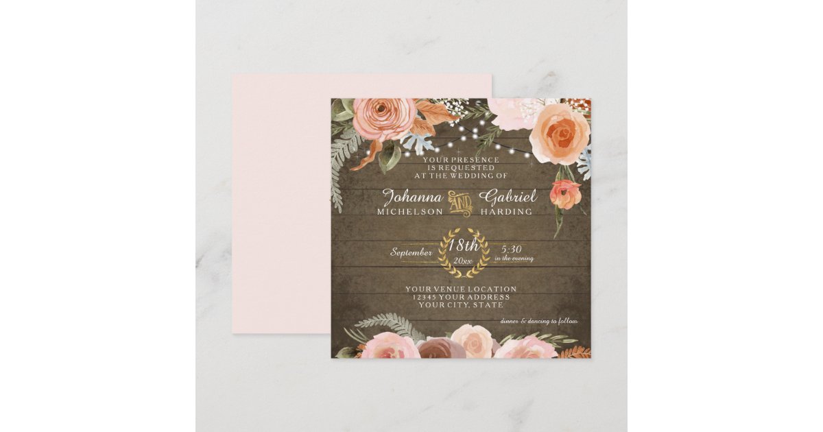 Blush Floral Fall Rustic Wood Forest Green Leaf Invitation | Zazzle