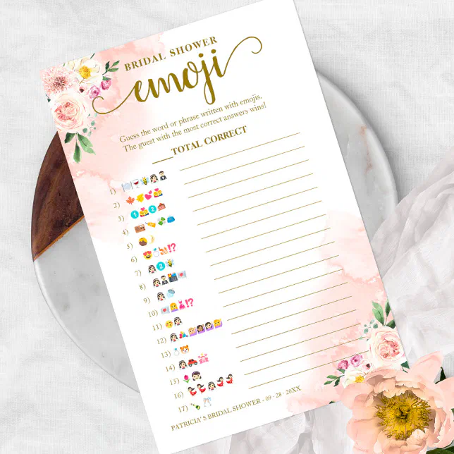 Blush Floral Gold Bridal Shower Emoji Pictionary Flyer | Zazzle