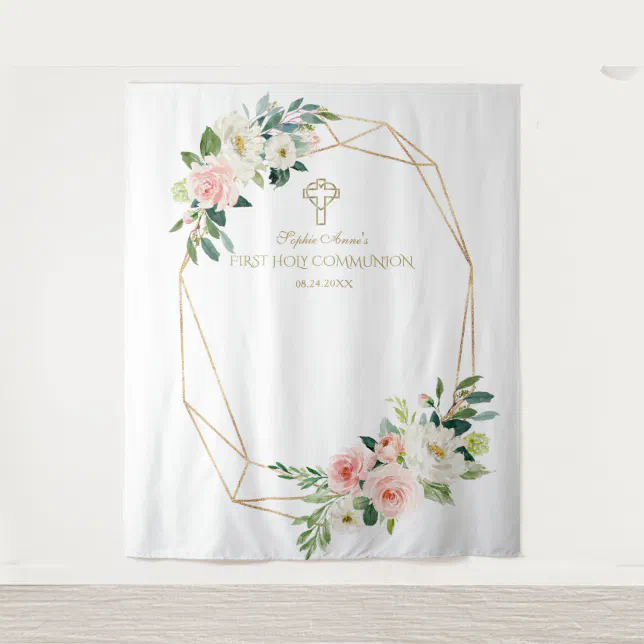 Blush Floral Gold Frame Holy Communion Backdrop | Zazzle
