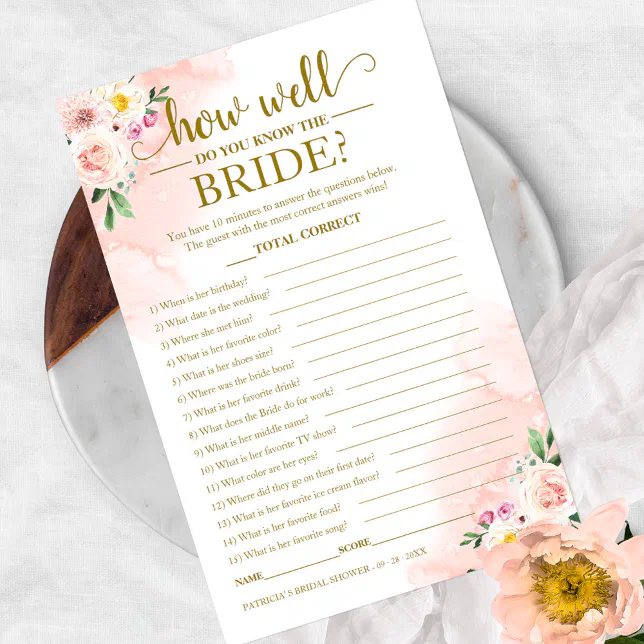 Blush Floral Gold How Well Do You Know The Bride Flyer | Zazzle