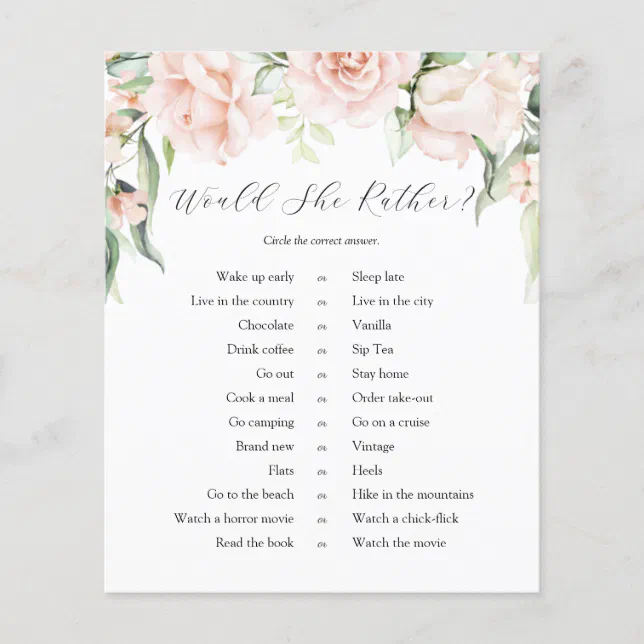 Blush Floral Greenery Would She Rather Game | Zazzle
