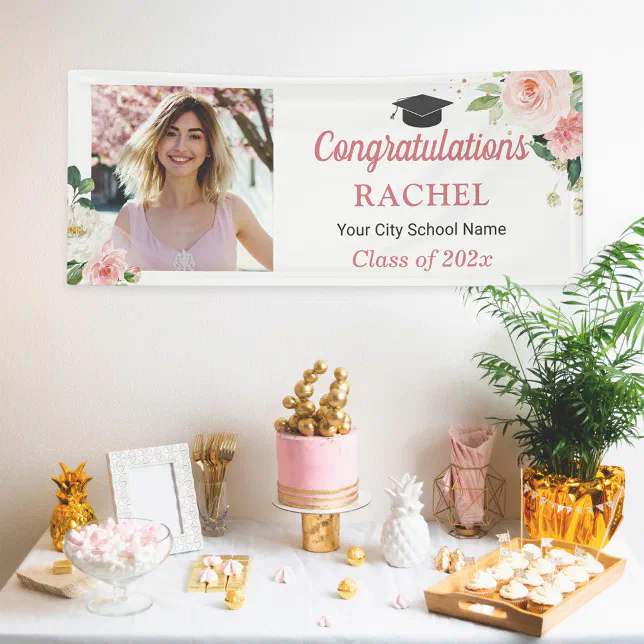 Blush Floral High School Graduate Photo Graduation Banner | Zazzle