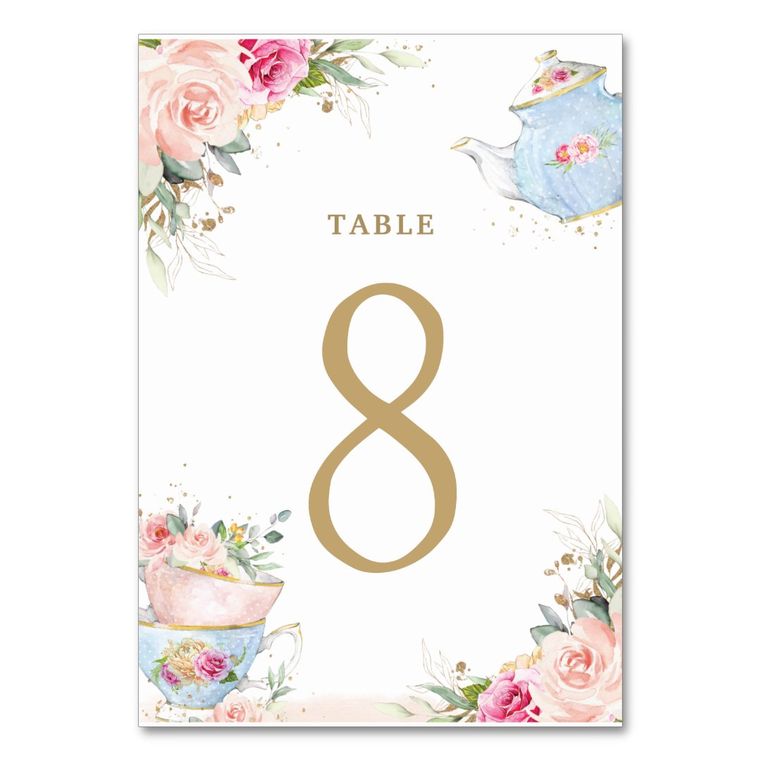 Blush Floral High Tea Party Bridal Table Number | Zazzle