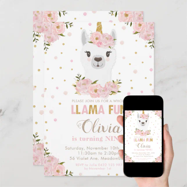 Blush Floral Llama Unicorn Birthday Llamacorn Invitation | Zazzle