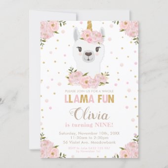 Blush Floral Llama Unicorn Birthday Llamacorn Invitation | Zazzle