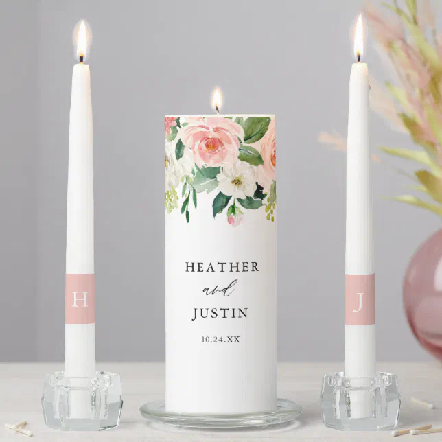 Blush Floral Monogram Wedding Ceremony Unity Candle Set | Zazzle