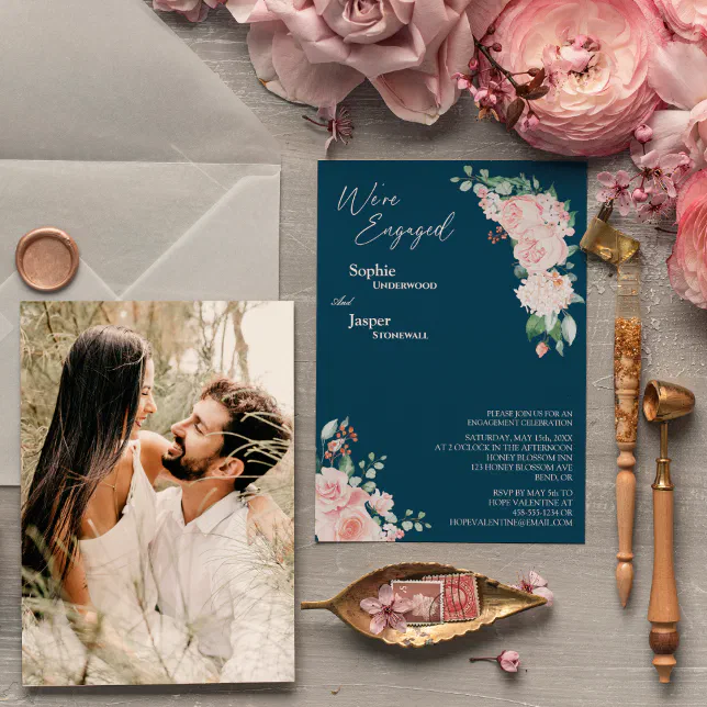 Blush Floral Navy Photo We're Engaged Invitation | Zazzle