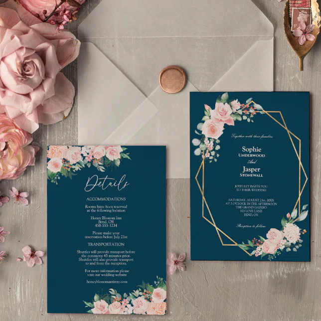 Blush Floral Navy Simple All In One Wedding Invitation | Zazzle