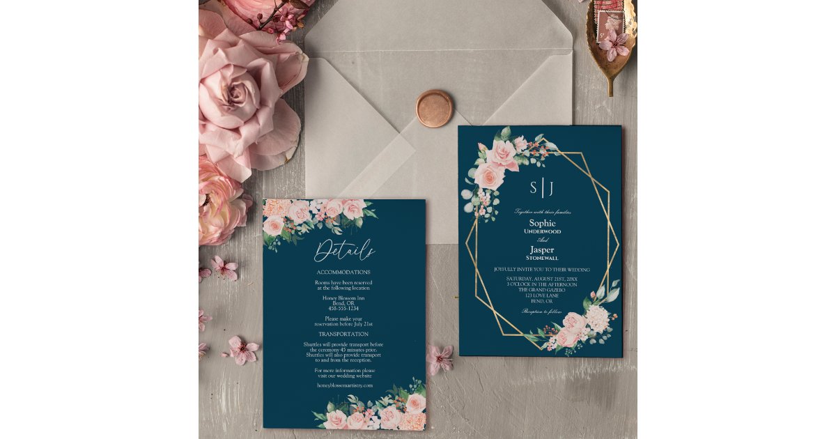 Blush Floral Navy Simple Monogram Details Wedding Invitation | Zazzle