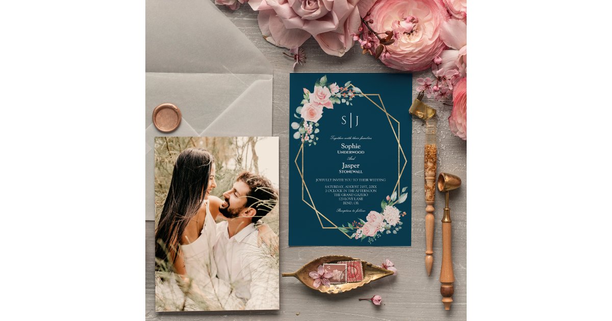 Blush Floral Navy Simple Monogram Photo Wedding Invitation | Zazzle