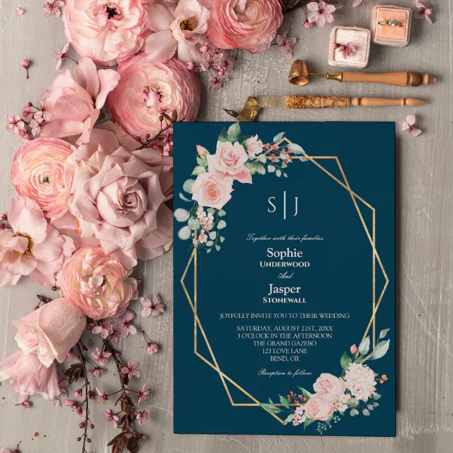 Blush Floral Navy Simple Monogram Wedding Invitation | Zazzle