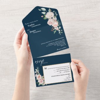 Blush Floral Navy Wedding All In One Invitation | Zazzle
