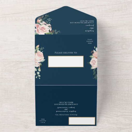 Blush Floral Navy Wedding All In One Invitation | Zazzle