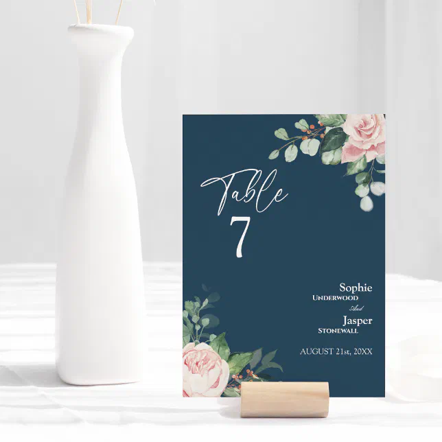Blush Floral Navy Wedding Table Number Card | Zazzle