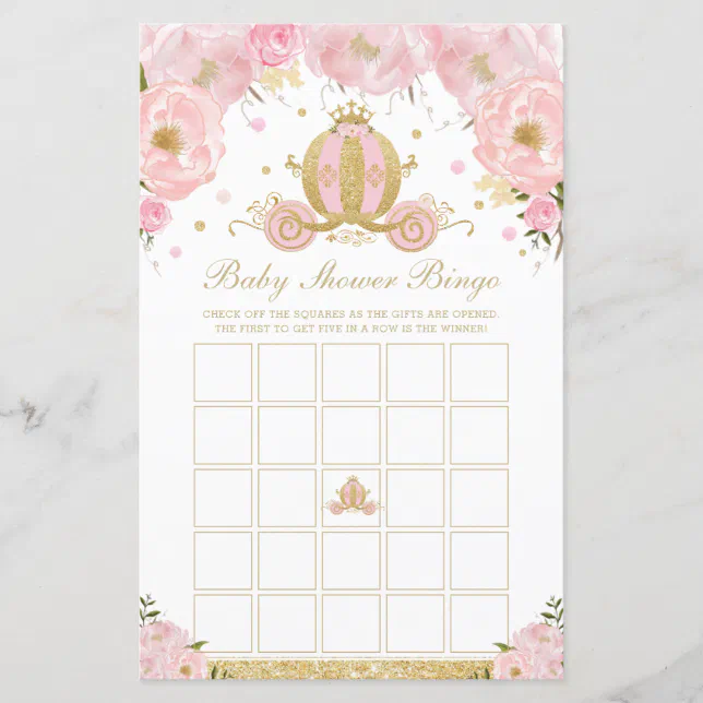 Blush Floral Princess Baby Shower Bingo Game | Zazzle