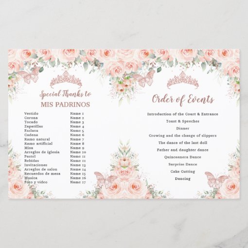 Blush Floral Quinceanera Order of Events Program | Zazzle