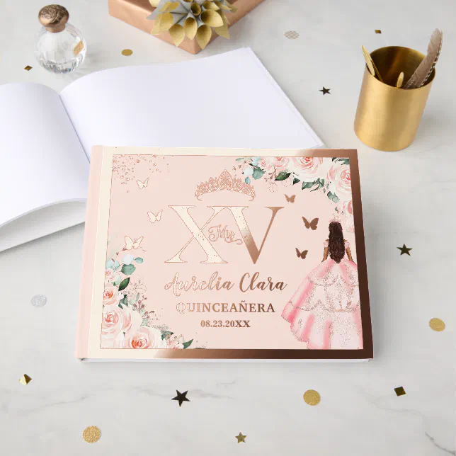 Blush Floral Quinceañera Quince 15 XV Rose Gold Foil Guest Book | Zazzle