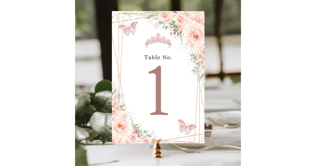 Blush Floral Rose Gold Birthday Quinceanera Table Number | Zazzle