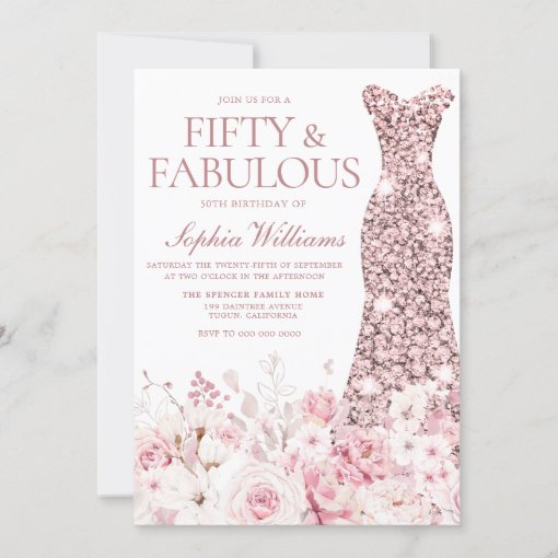Blush Floral And Rose Gold Dress 50th Birthday Party Invitation Zazzle