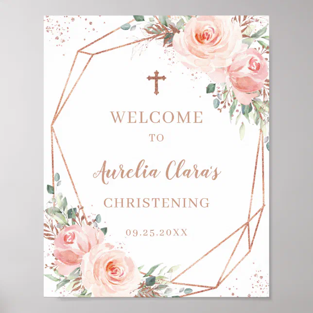 Blush Floral Rose Gold Geometric Christening Sign | Zazzle