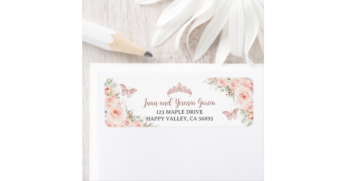 Blush Floral Rose Gold Quinceanera Return Address Label | Zazzle