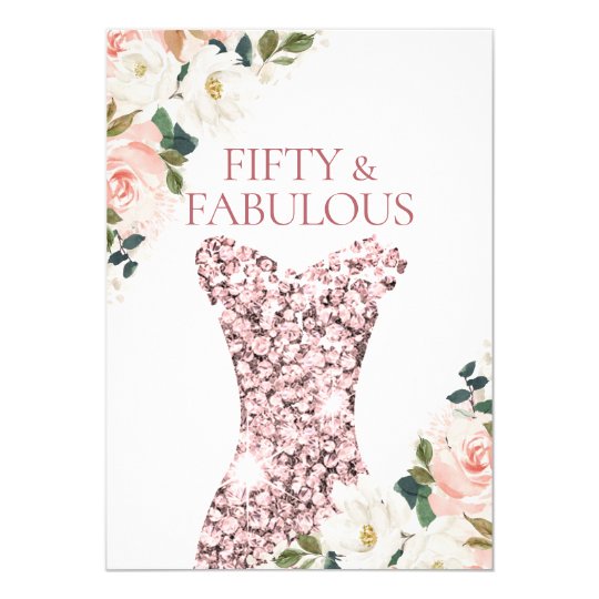 Blush Floral Rose Gold Sparkle Dress 50th Birthday Invitation