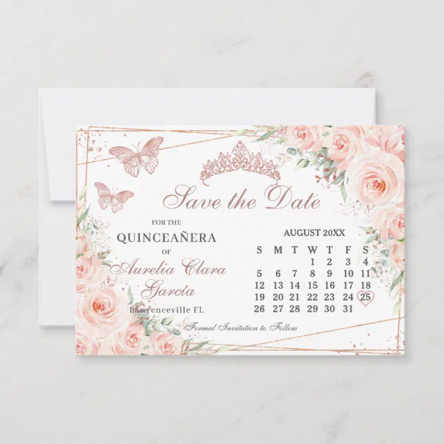 Blush Floral Rose Quinceanera Sweet 16 Calendar Save The Date | Zazzle