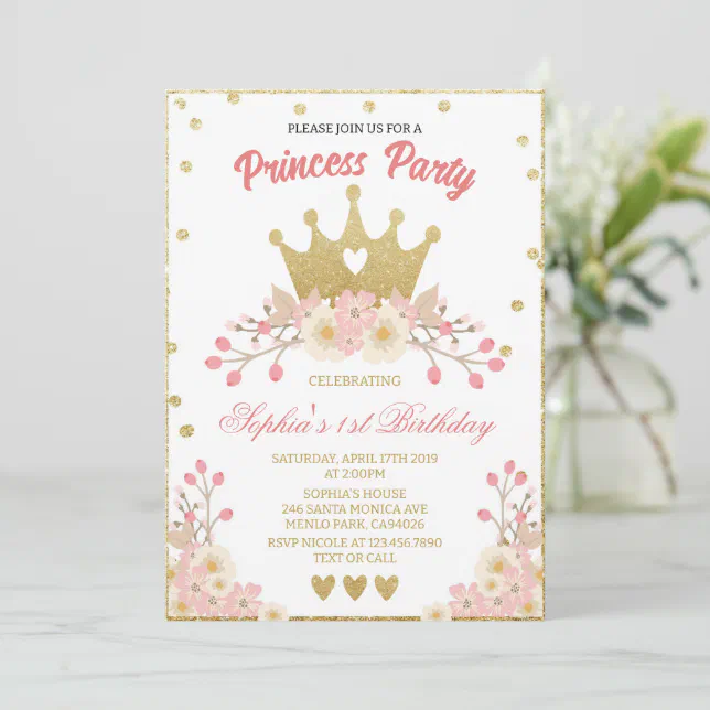 Blush Floral Royal Crown Princess Birthday Party Invitation | Zazzle