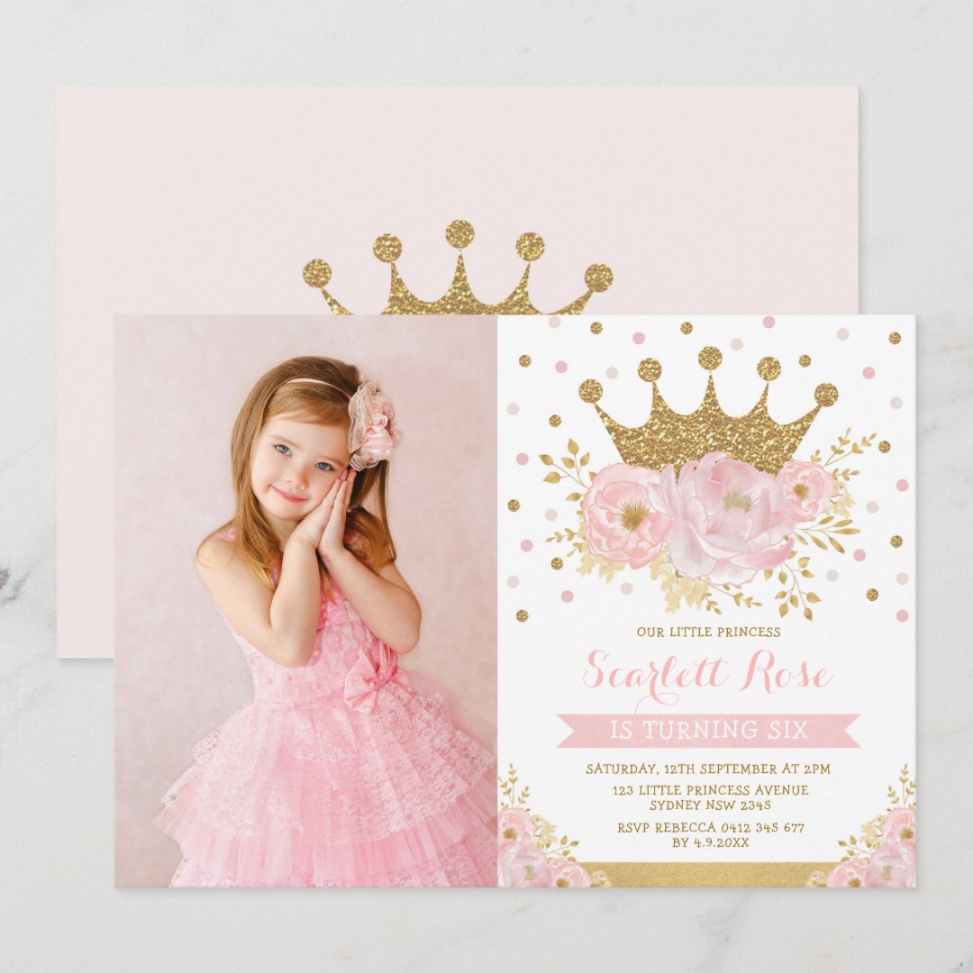Blush Floral Royal Crown Princess Birthday Party Invitation | Zazzle