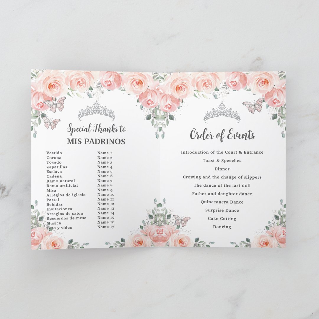 Blush Floral Silver Quinceañera Order of Events Program | Zazzle