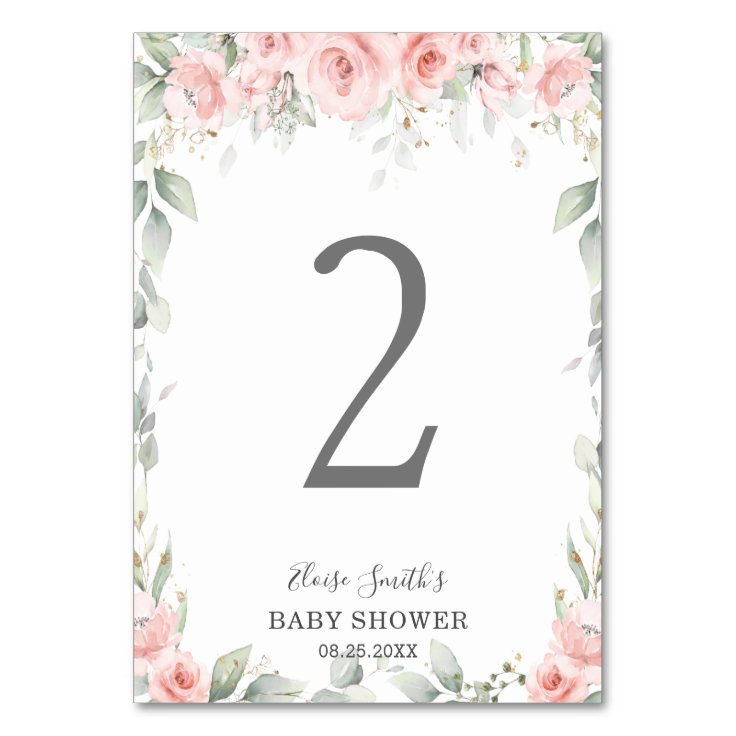 Blush Floral Soft Greenery Baby Shower Birthday Table Number | Zazzle