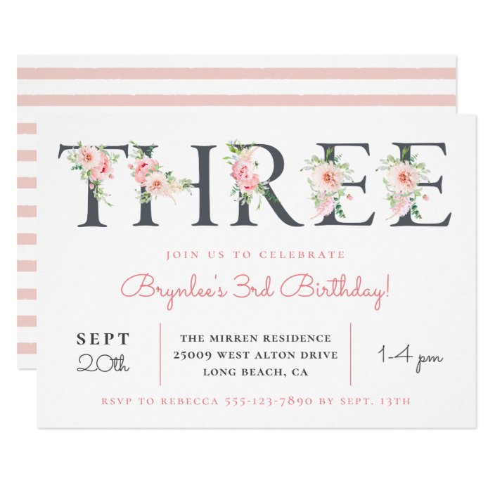 Blush Floral THREE | 3rd Birthday Party Invitation | Zazzle.com