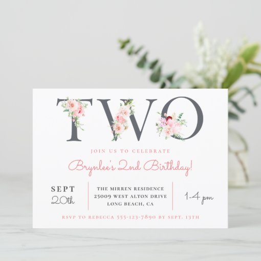 Blush Floral TWO | 2nd Birthday Party Invitation | Zazzle